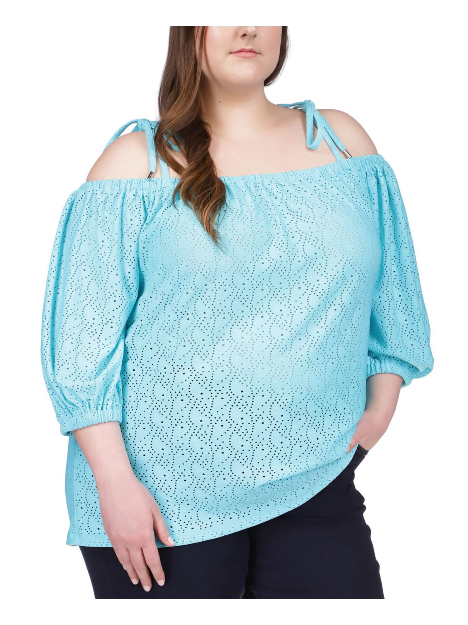 MICHAEL KORS Womens Aqua Eyelet Sheer Tie Straps 3/4 Sleeve Off ...