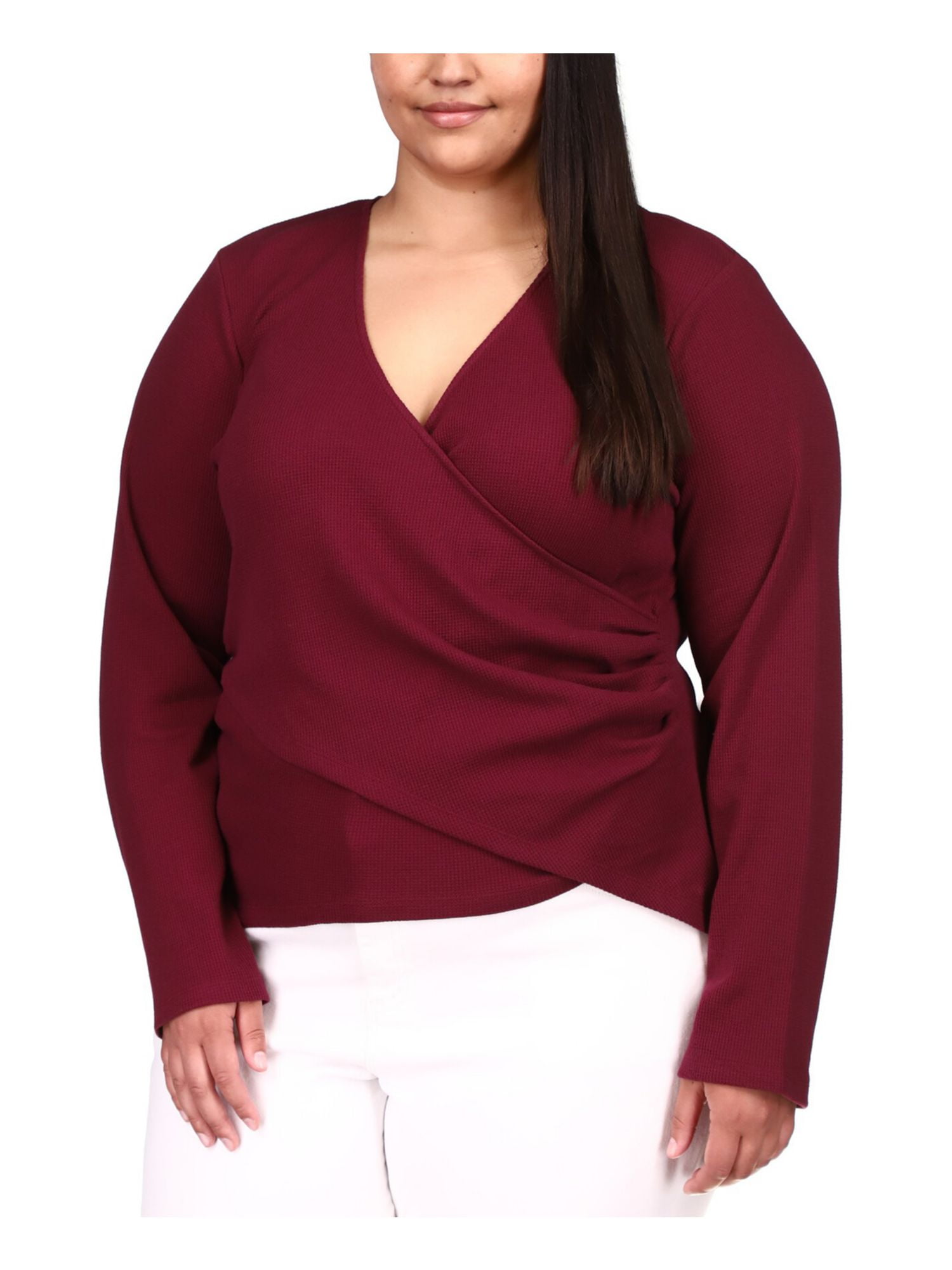 MICHAEL KORS Womens Burgundy Long Sleeve Surplice Neckline Faux Wrap ...