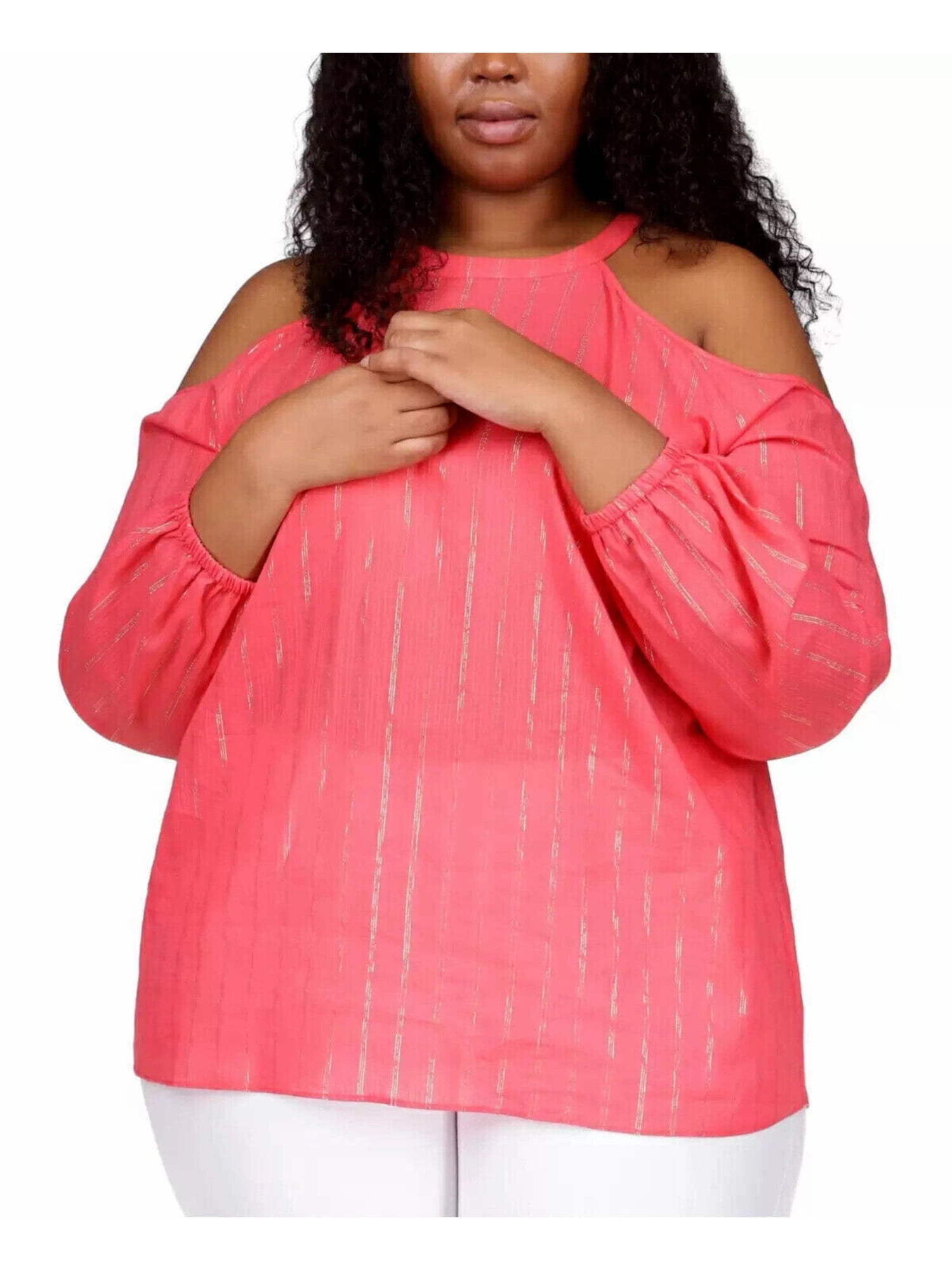 MICHAEL KORS Womens Coral Cold Shoulder Sheer Keyhole Back Long Sleeve ...