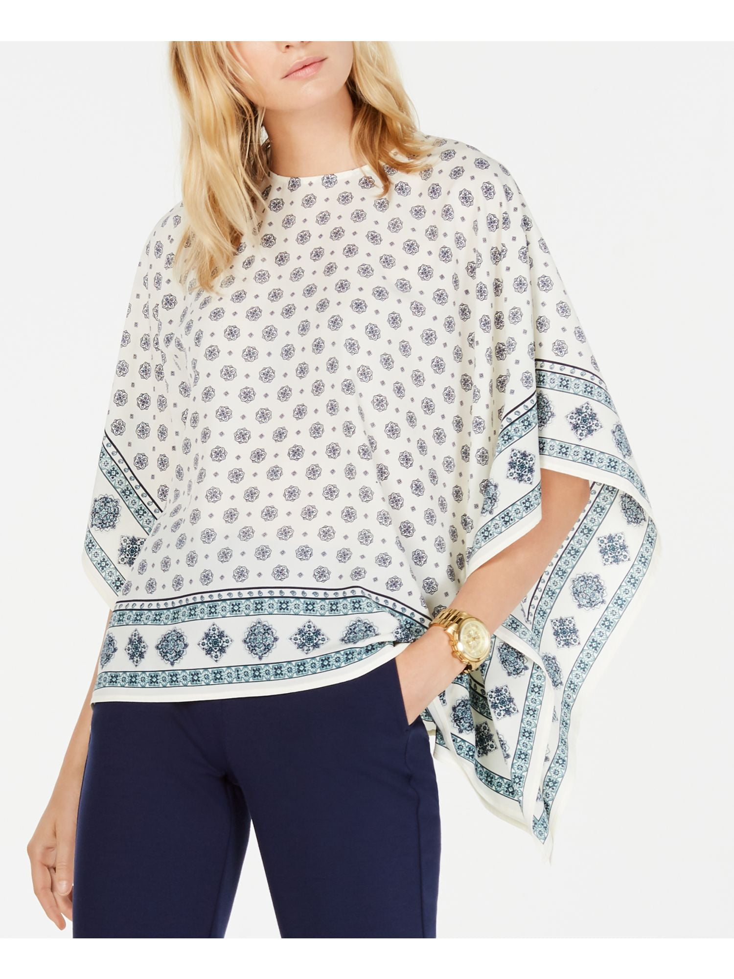 MICHAEL KORS Womens Ivory Printed Dolman Sleeve Crew Neck Blouse Size ...