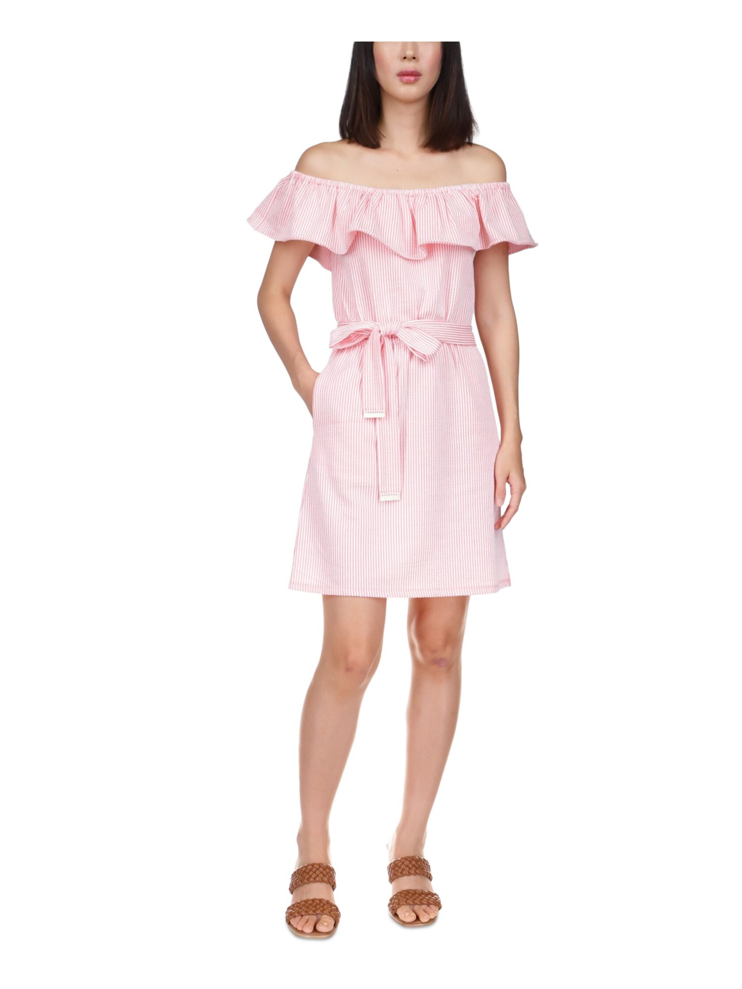 MICHAEL KORS Womens Pink Pocketed Textured Tie Waist Unlined Ruffled ...