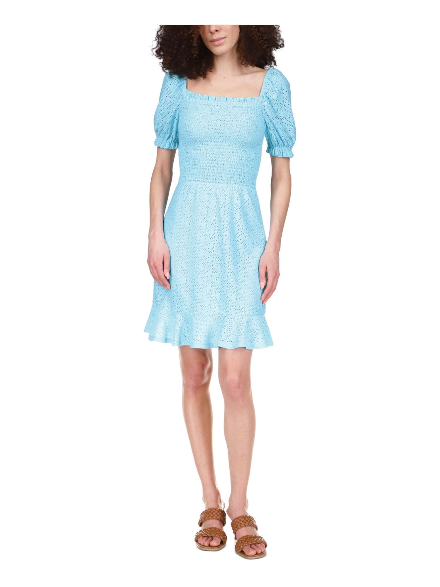 MICHAEL MICHAEL KORS Womens Aqua Smocked Eyelet Peasant Dress Ruffled ...