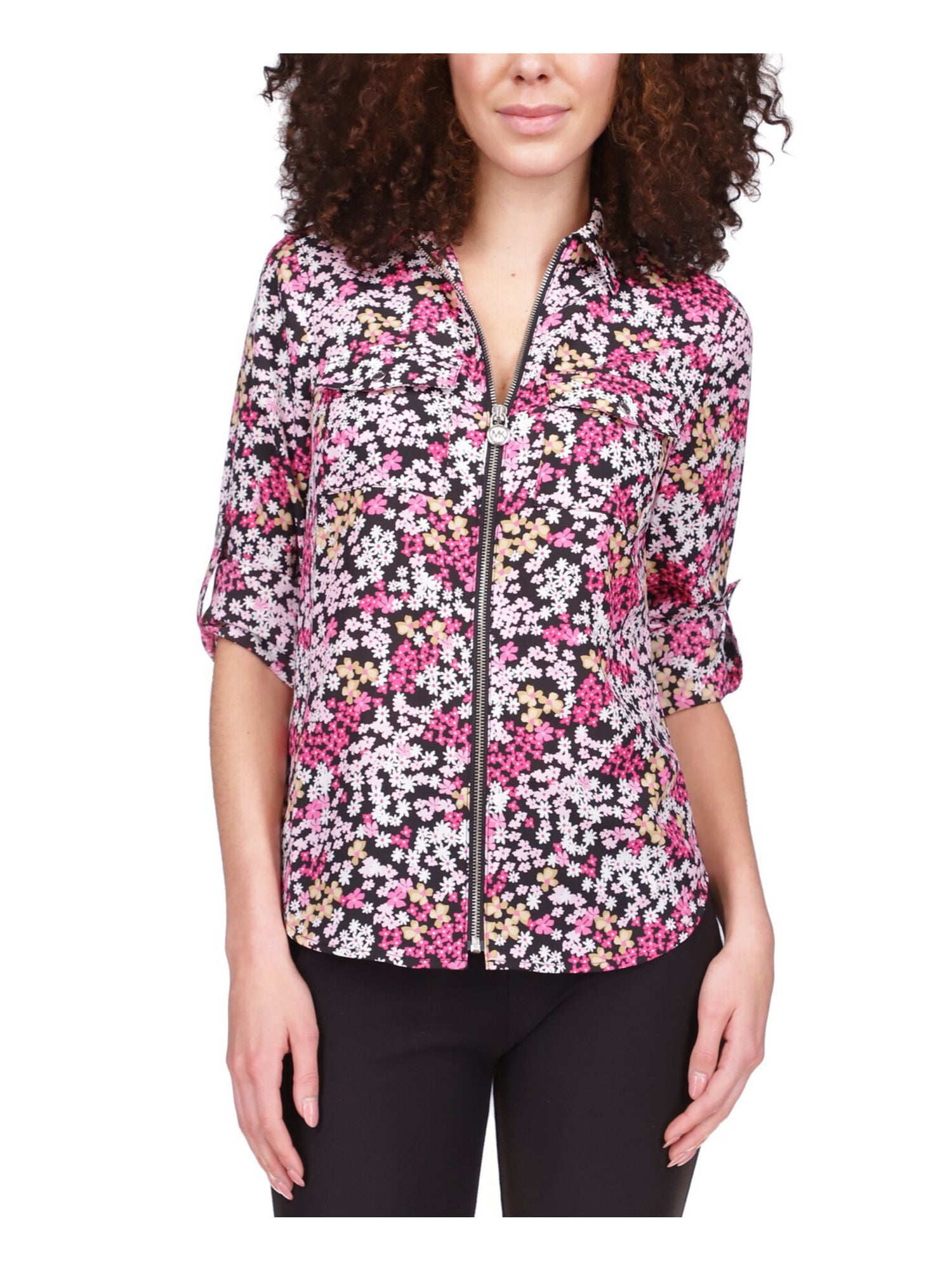 MICHAEL MICHAEL KORS Womens Black Zippered Shirttail Hem Floral Roll ...