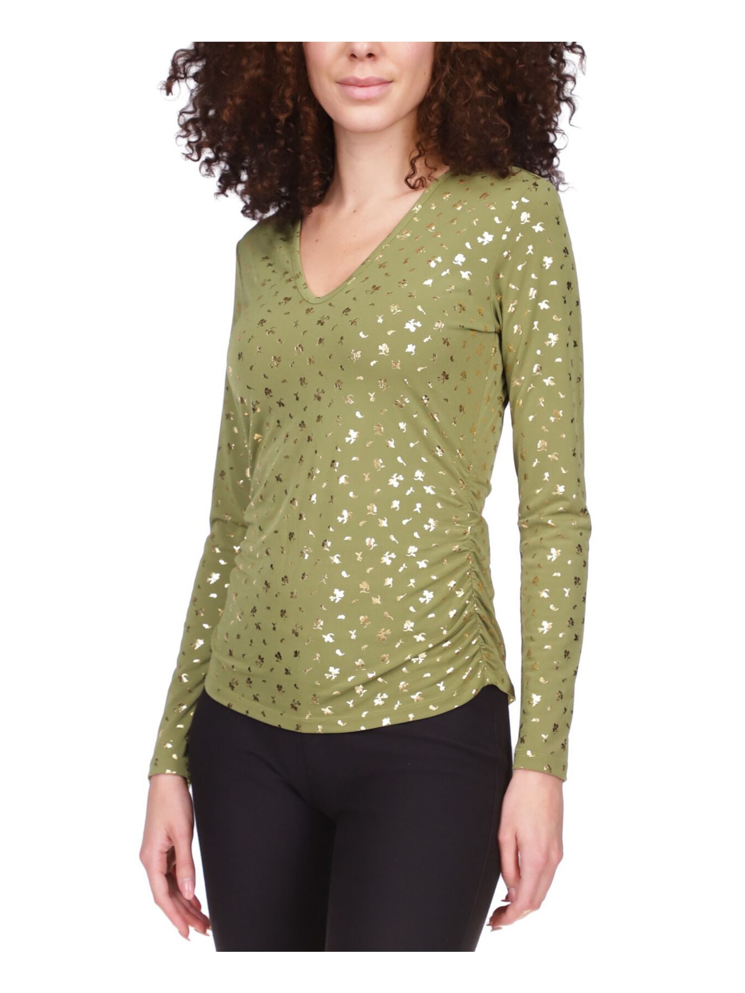 MICHAEL MICHAEL KORS Womens Green Ruched Long Sleeve V Neck Top S ...
