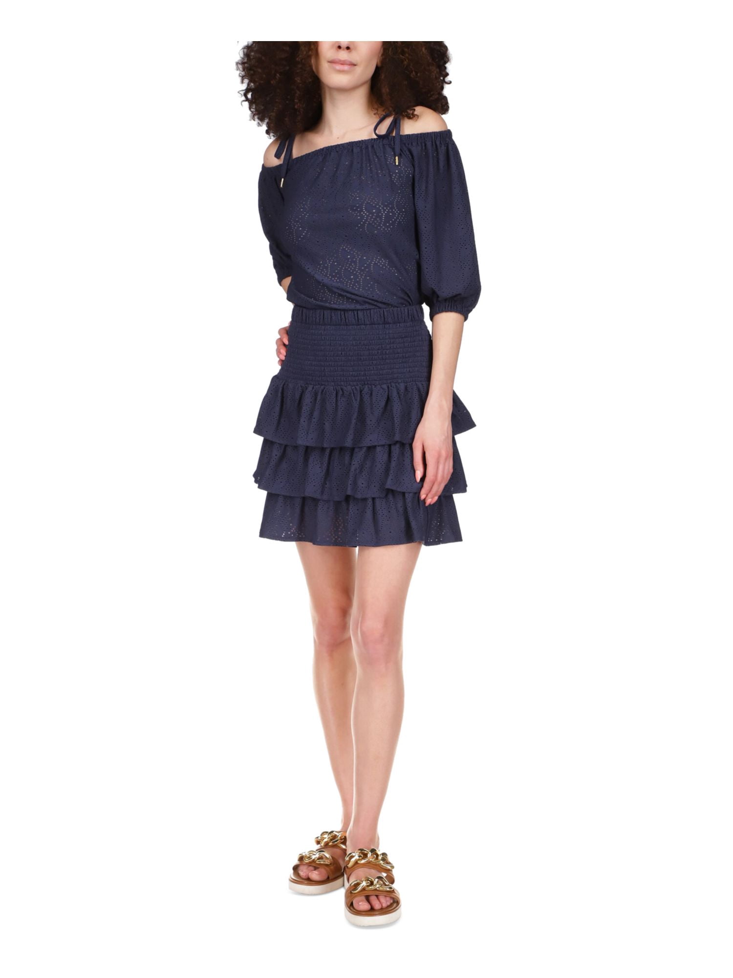 MICHAEL MICHAEL KORS Womens Navy Eyelet Smocked Tiered Short Ruffled ...
