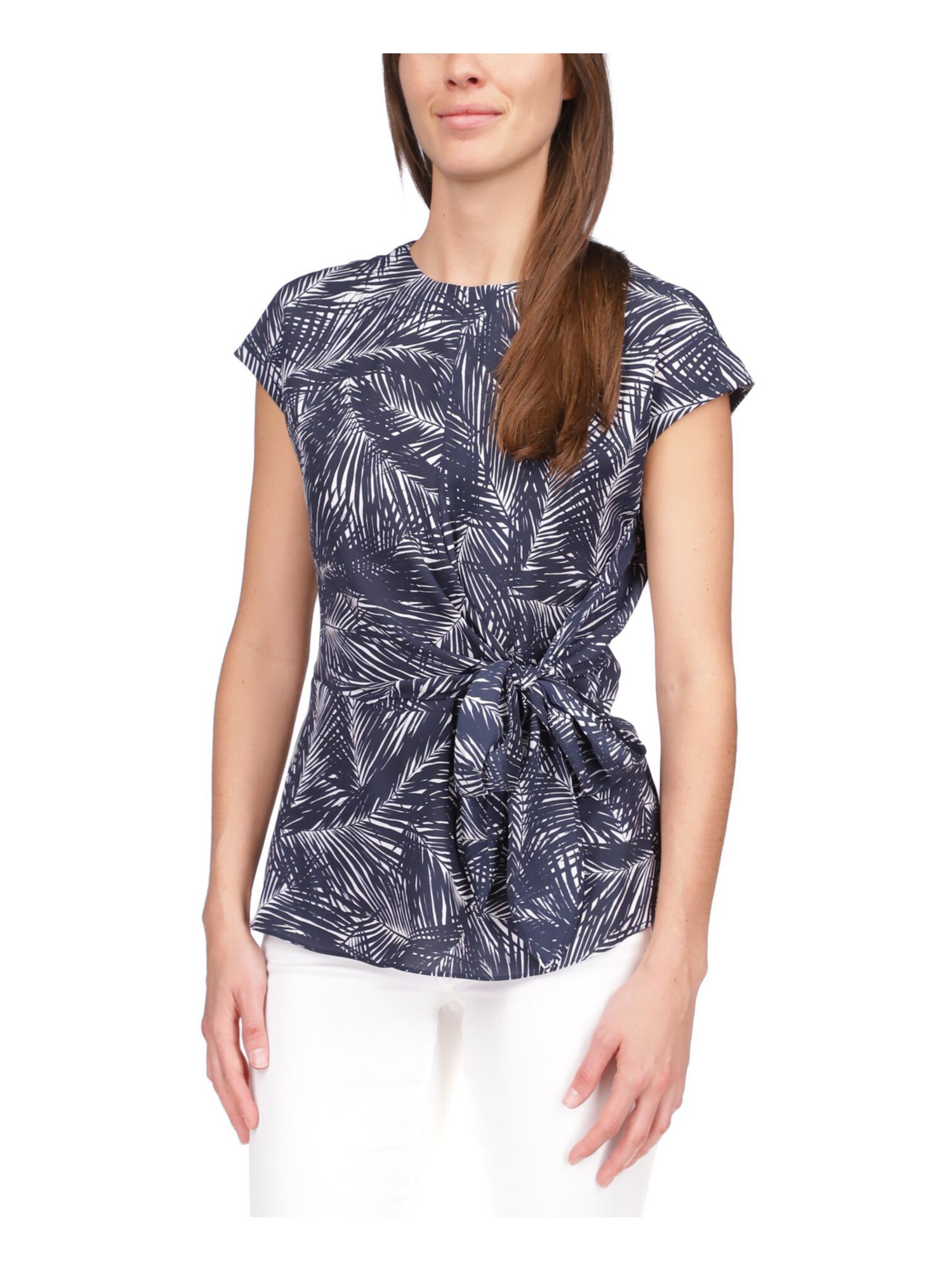 MICHAEL MICHAEL KORS Womens Navy Tie Sheer Keyhole Closure Round Hem ...