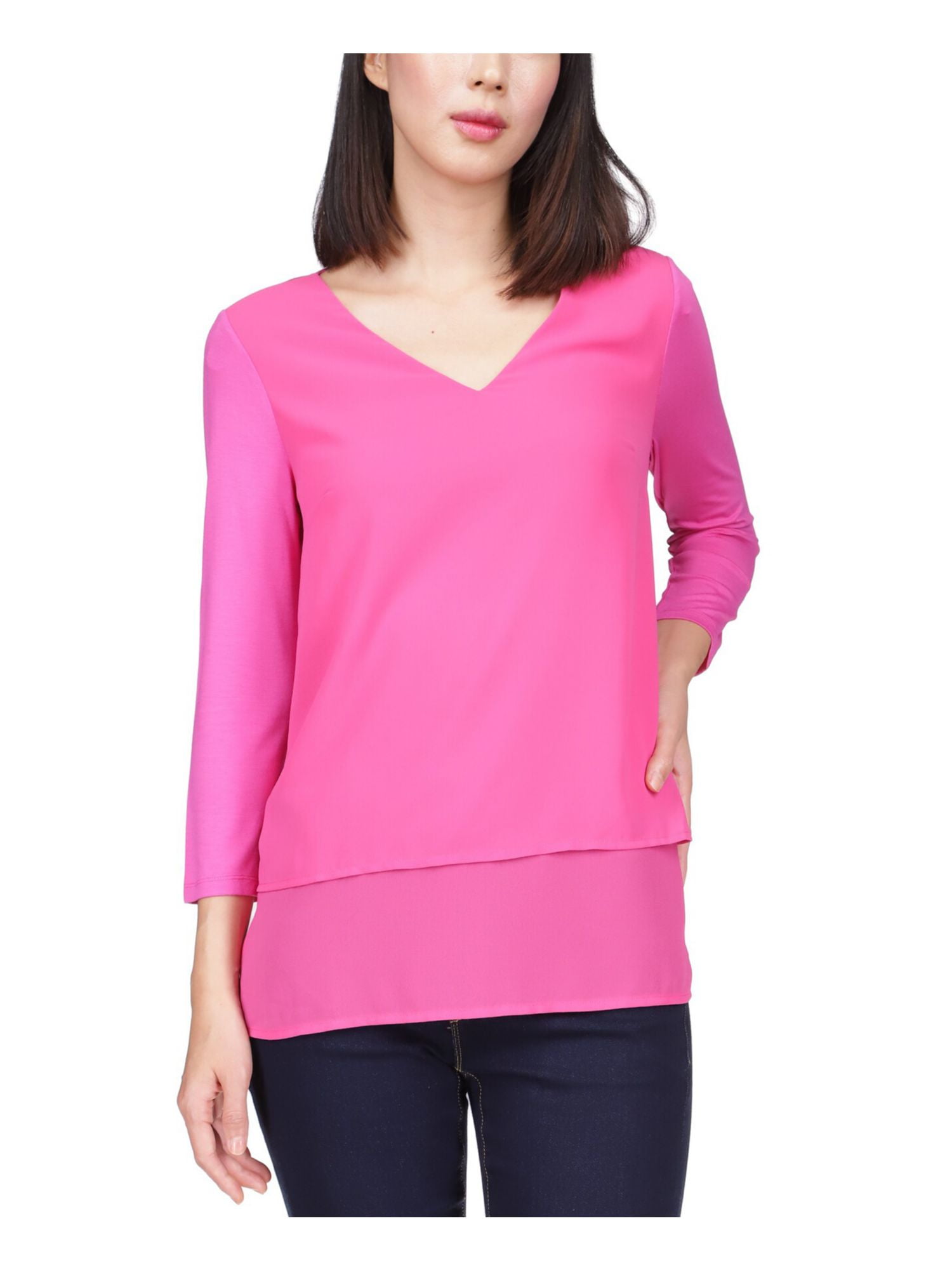 MICHAEL MICHAEL KORS Womens Pink 3/4 Sleeve V Neck Tunic Top S ...