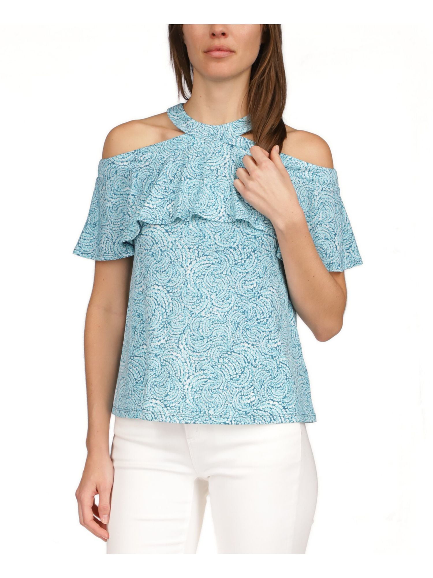 MICHAEL MICHAEL KORS Womens Turquoise Zippered Cold Shoulder Ruffled ...