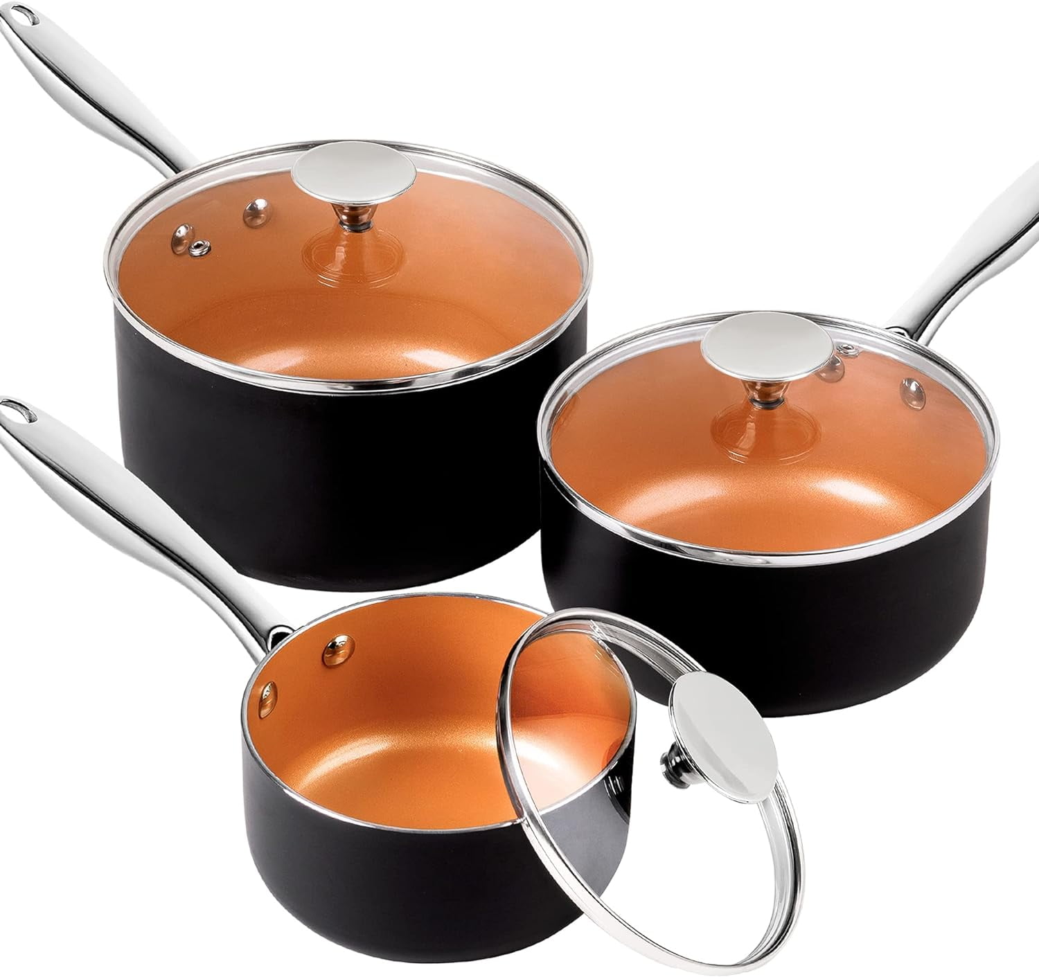 MICHELANGELO Nonstick Copper Cookware Set, Stainless Steel Handle, 1Qt, 2Qt & 3Qt Saucepan with ...