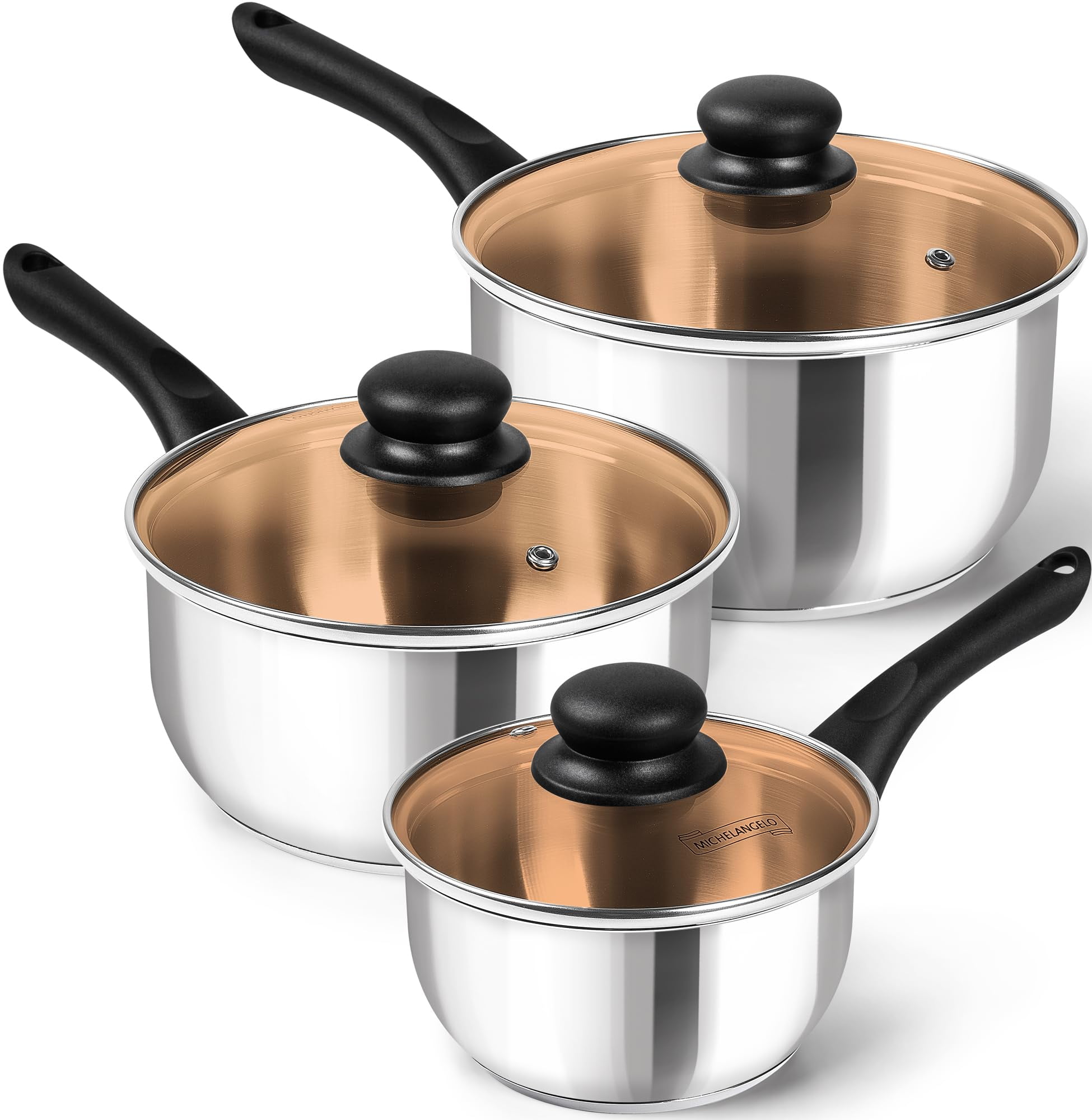 MICHELANGELO Stainless Steel Saucepan Set with Lid 1QT & 2QT & 3QT ...