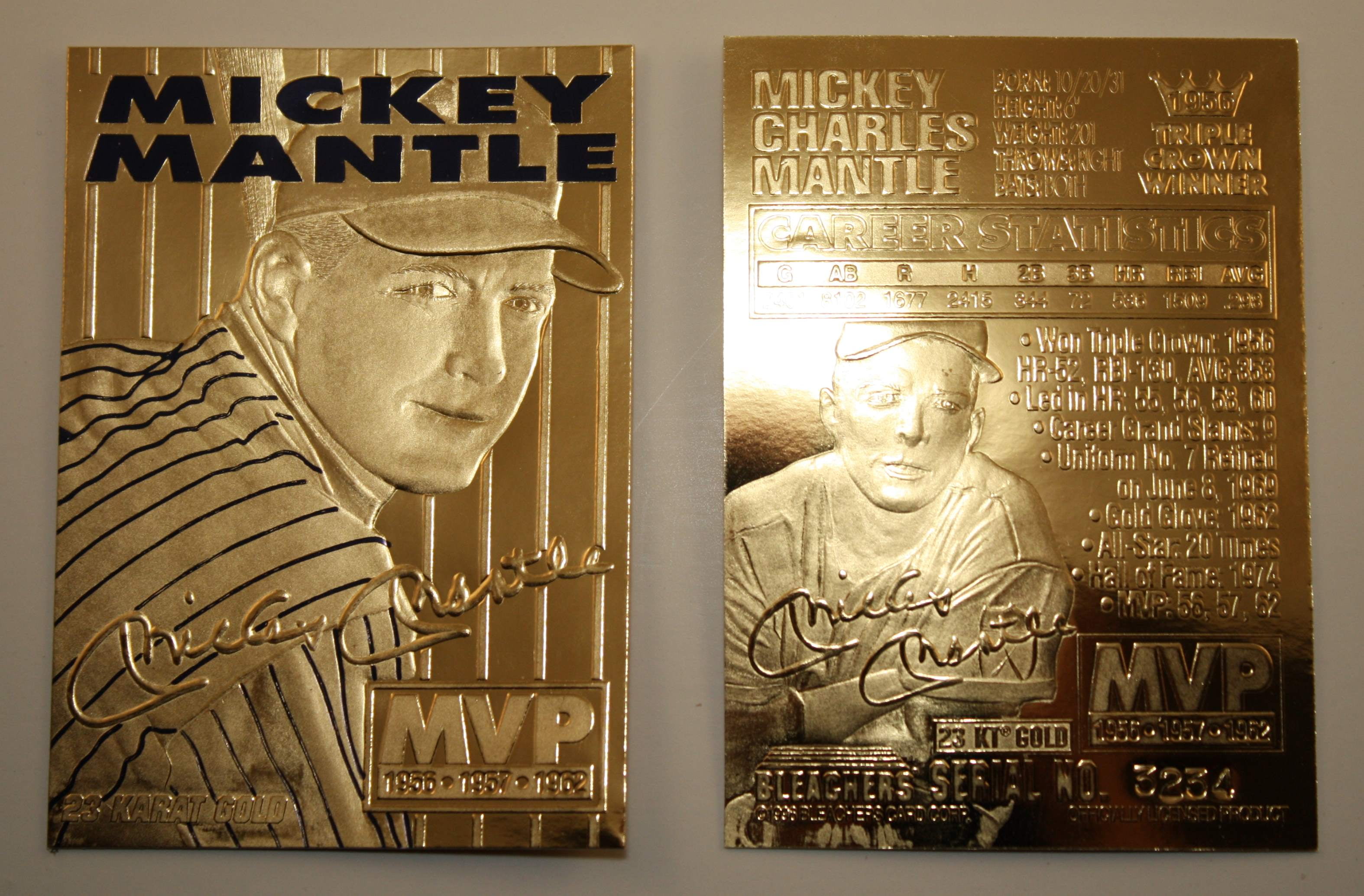 MICKEY MANTLE 1996 23KT Gold Card Sculptured ** 3-Time MVP ** Serial ...