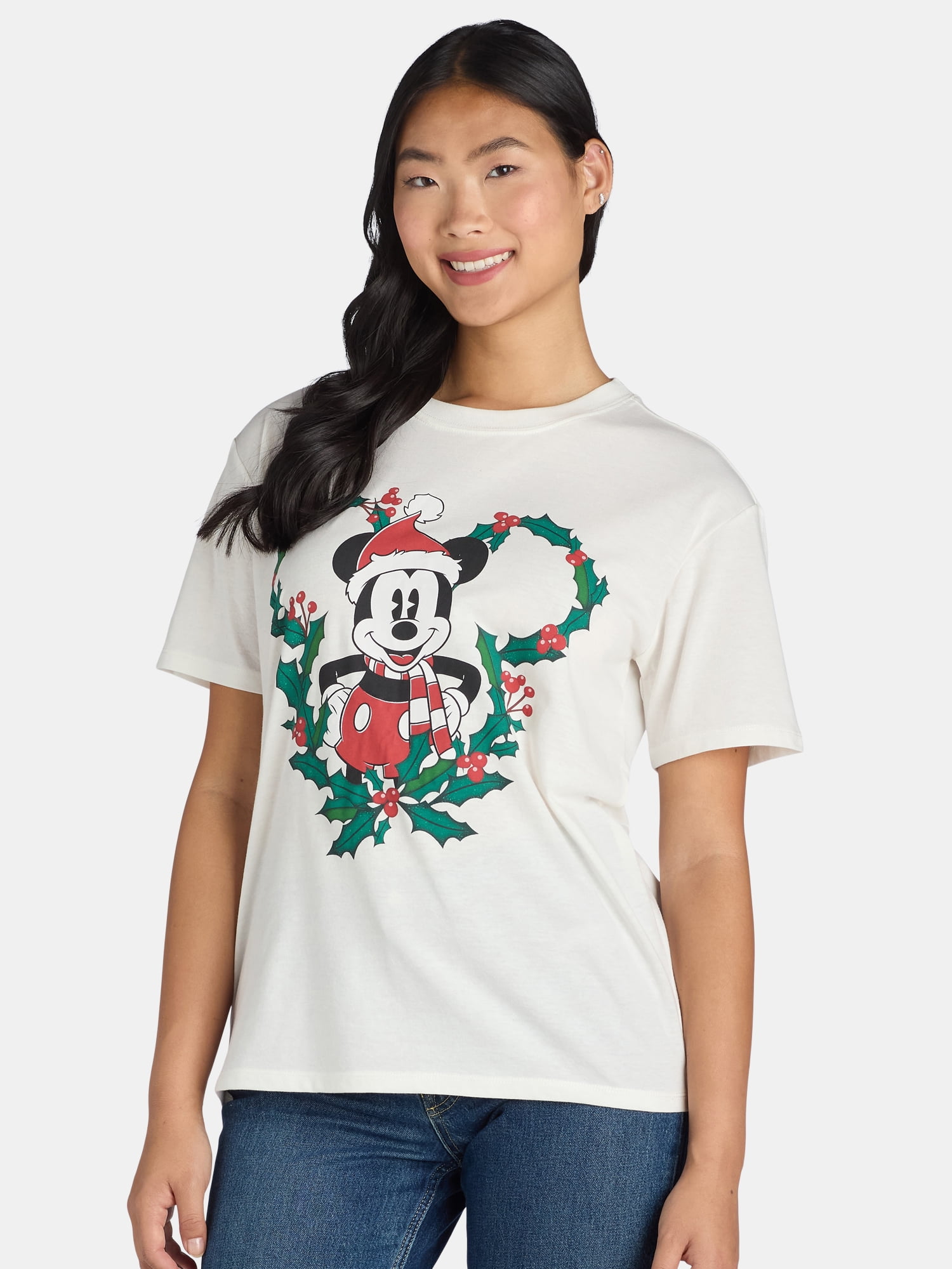 Mickey Mouse Women's Christmas Graphic Tee with Short Sleeves, Sizes ...