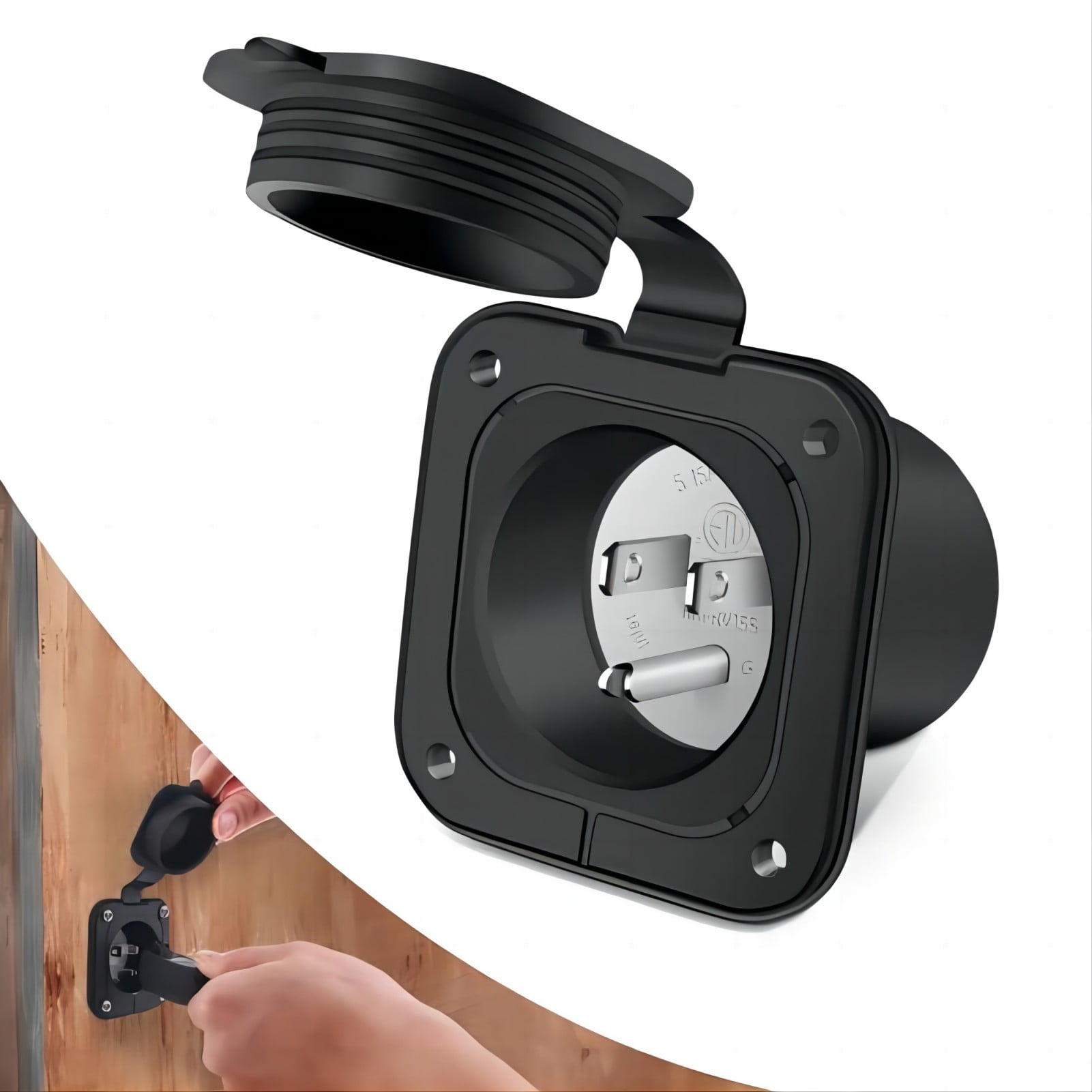 MICTUNING 15 Amp 125V Flanged Inlet, NEMA 5-15P 2 Pole 3-Wire AC Port Plug, RV Waterproof Cover ...