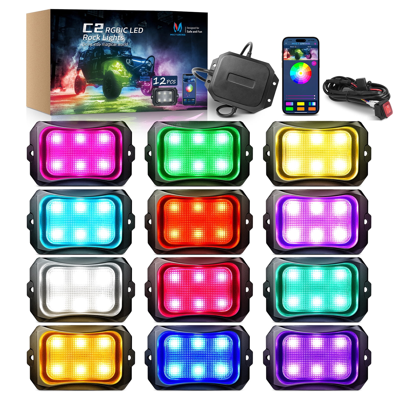 MICTUNING C2 Extensible RGB+IC LED Rock Lights Kit, 12 Pods Underglow ...