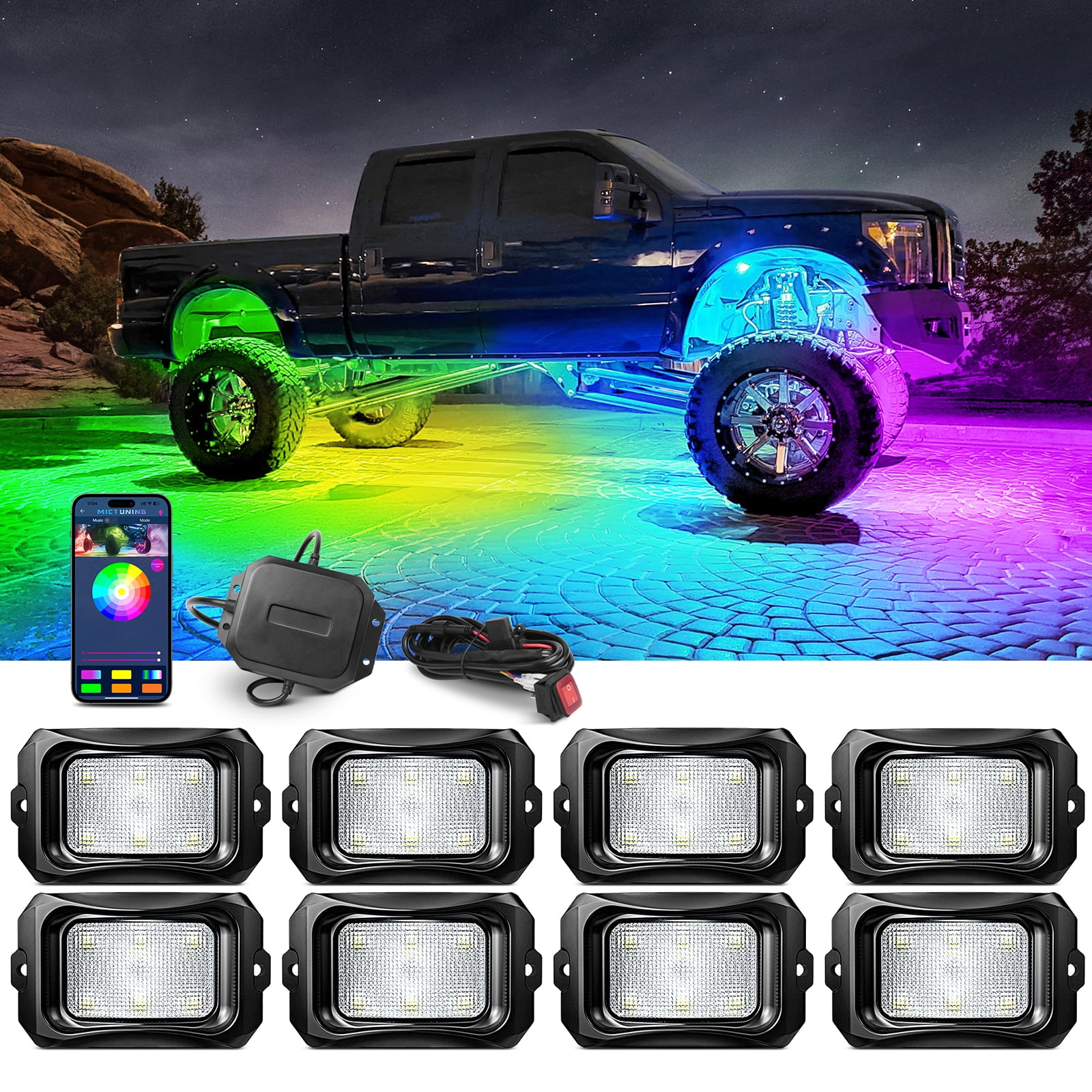 MICTUNING C2 Extensible RGB+IC LED Rock Lights Kit, 8 Pods Underglow ...