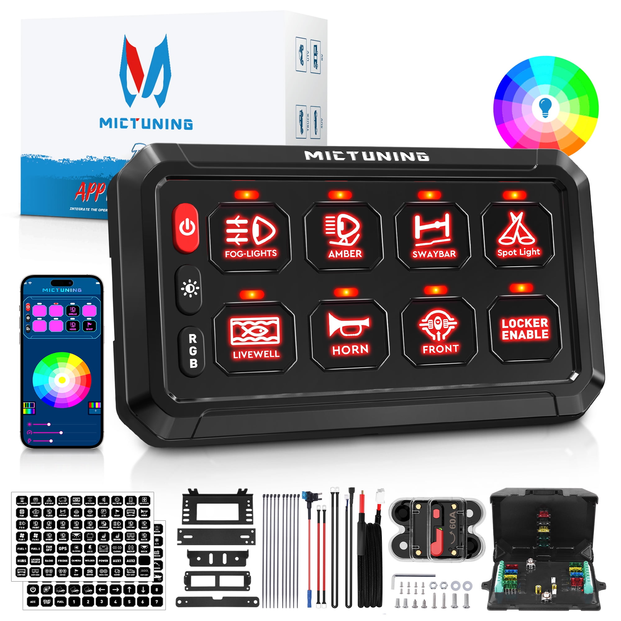 MICTUNING P1s 8 Gang Switch Panel App Control 5.5" RGB Multi-Colors, 5 ...
