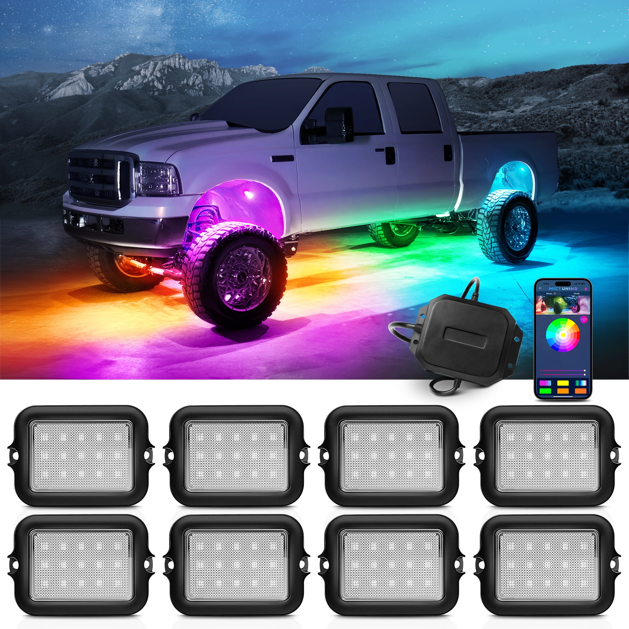 MICTUNING Y1 Extensible RGB+IC LED Rock Lights Kit Chasing Color, 8 ...