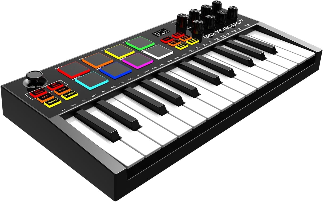 MIDI Keyboard Controller, 25 Key MIDI Keyboard with 8 Backlit Drum Pads ...