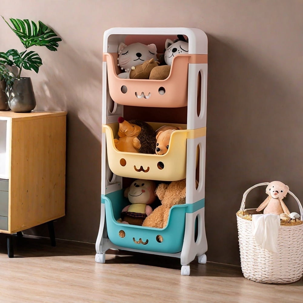 MIDODO 3-Tier Stackable Rolling Utility Cart, Kids Toy Storage ...