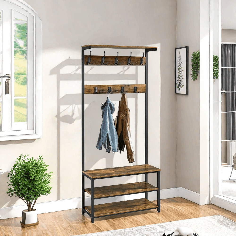 MIDODO 3-in-1 Design Hall Tree Coat Rack Shoe Bench with 23 Hooks ...