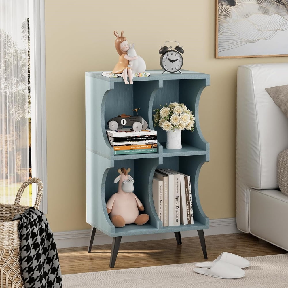 MIDODO 4 Cube Bookshelf, Wooden Open Small Book shelf, 2 Tiers Circle ...