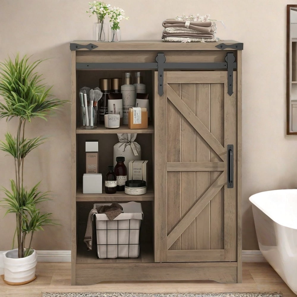 MIDODO Bathroom Floor Cabinet, Wood Farmhouse Storage Cabinet with ...