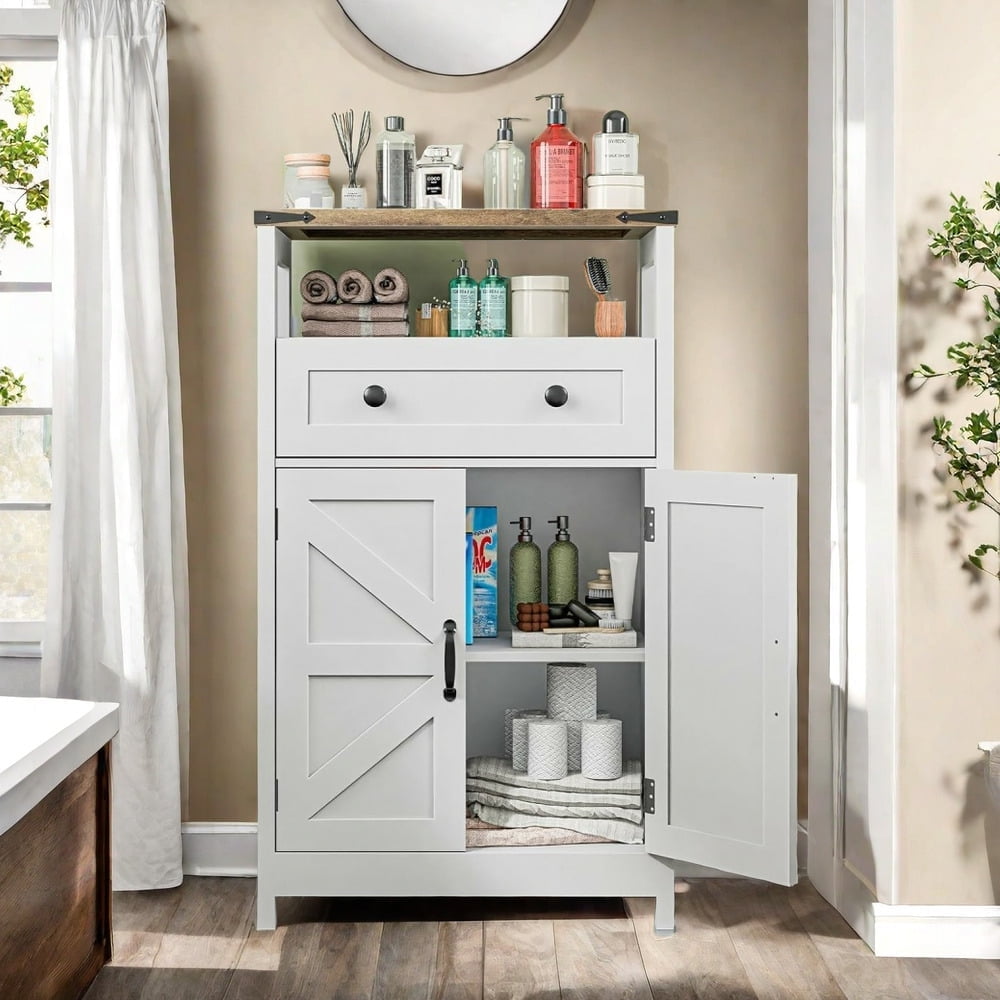 MIDODO Bathroom Floor Cabinet, Wood Farmhouse Storage Cabinet with ...