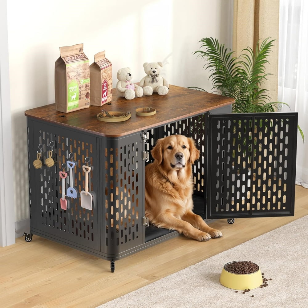MIDODO Dog Crate Furniture, 43.7 Inch Wooden Dog Crate with Cushion ...
