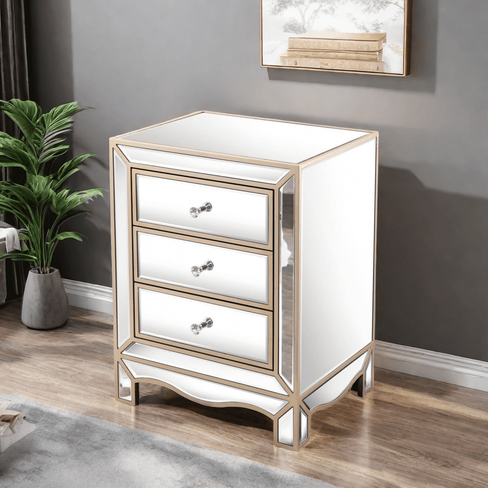 MIDODO Elegant Mirrored Nightstand, Gold Edge Silver End Table with 3 ...