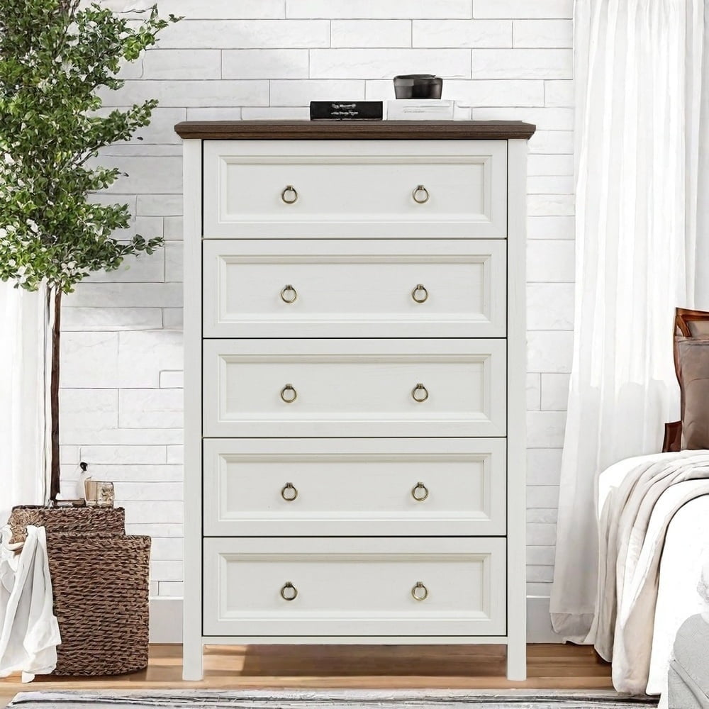 MIDODO Farmhouse 5 Drawer Dresser for Bedroom, Wood Tall Chest of ...