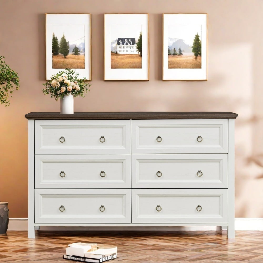 MIDODO Farmhouse 6 Drawer Dresser for Bedroom, Wood Tall Chest of ...