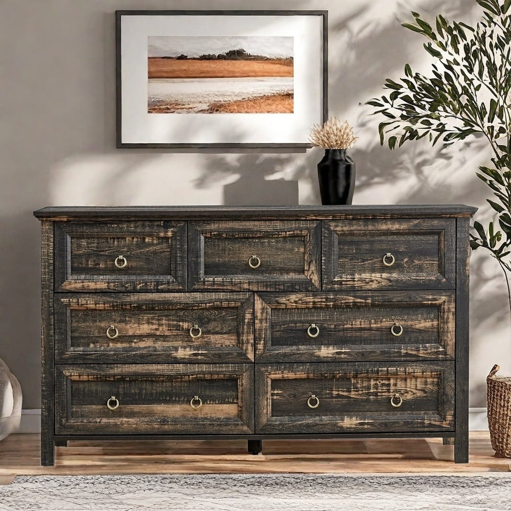 MIDODO Farmhouse 7 Drawer Dresser for Bedroom, Wood Tall Chest of ...