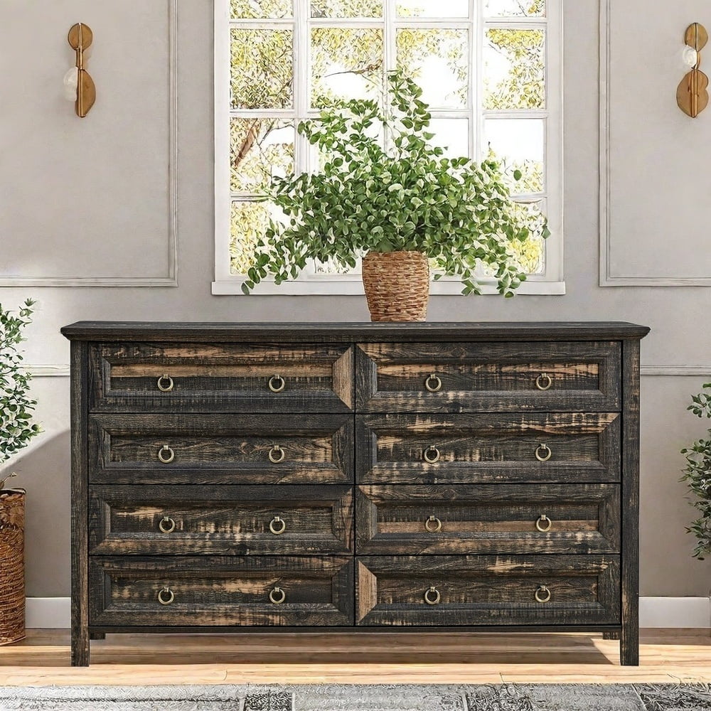 MIDODO Farmhouse 8 Drawer Dresser for Bedroom, Wood Tall Chest of ...