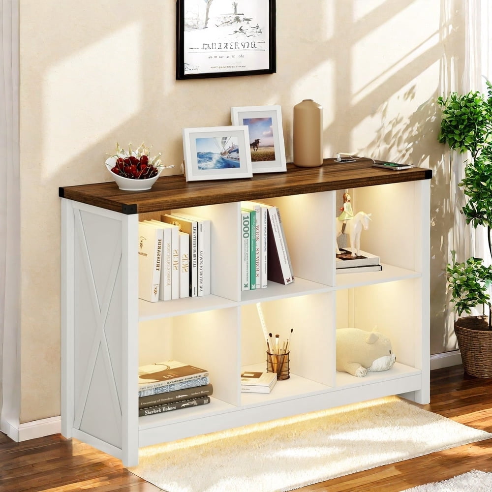 MIDODO Farmhouse Bookcase with Led Lights, Mid Century Modern 6 Cube ...