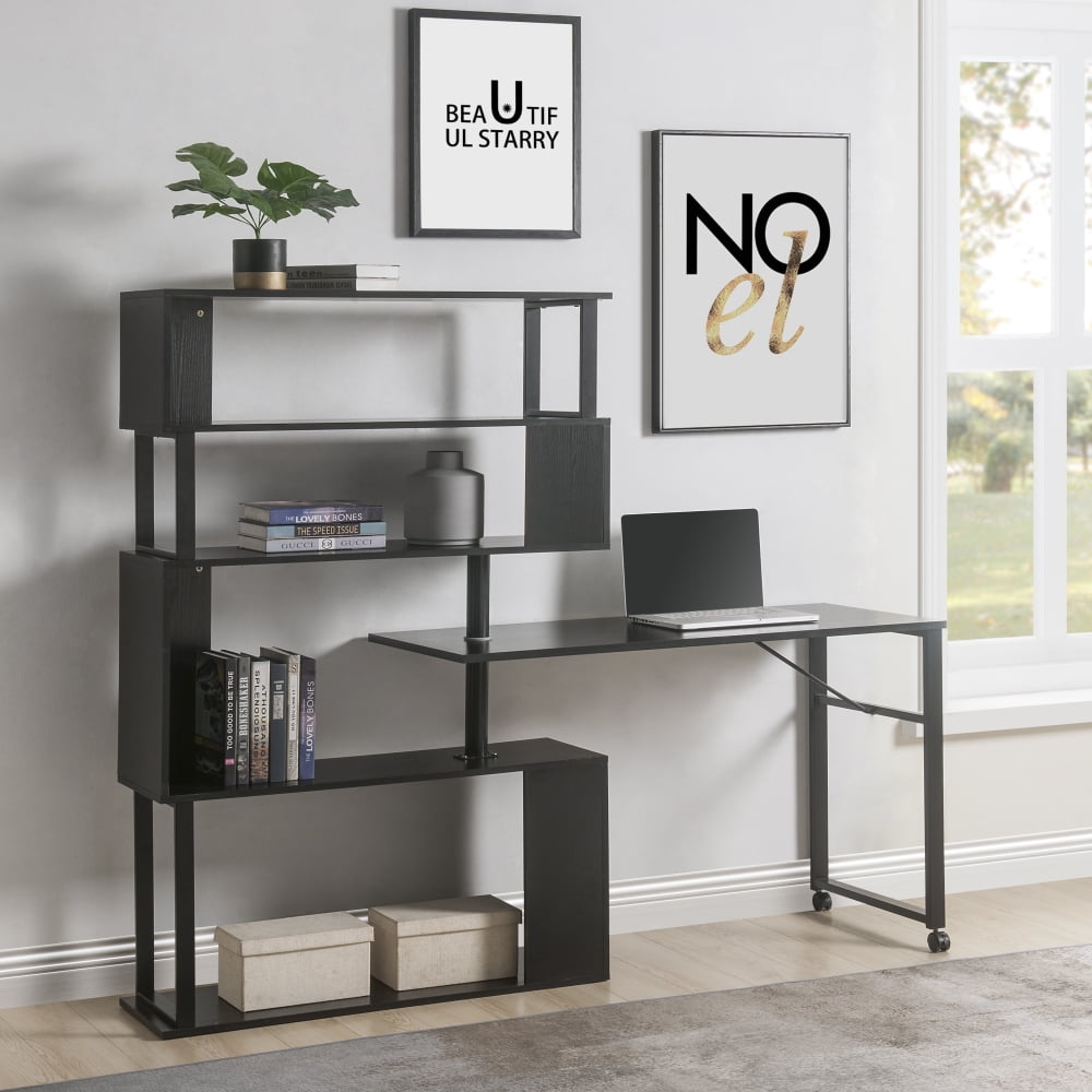 MIDODO L-Shaped Office Desk with 5 Shelves Bookcase, Rotating Computer ...