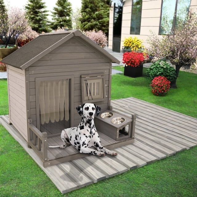 MIDODO Large Dog House Outdoor, Solid Wood Asphalt Roof Dog Kennel with ...