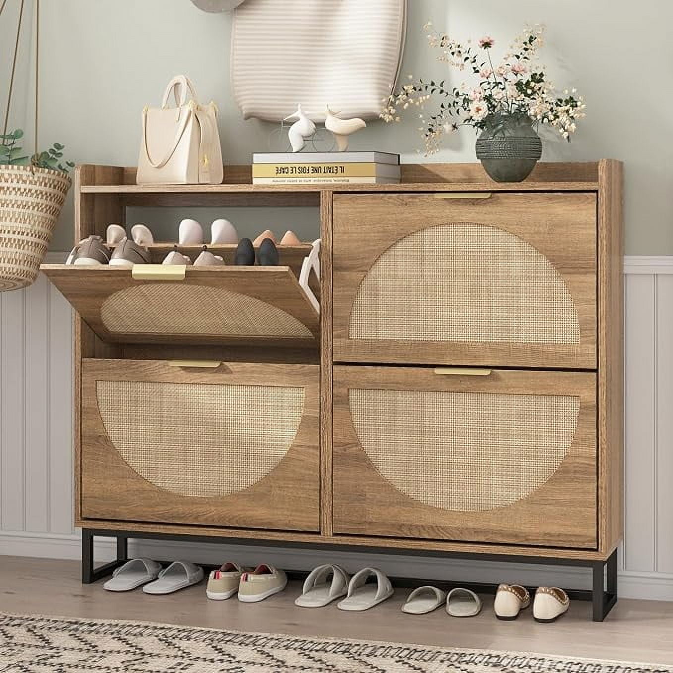 MIDODO Large Rattan Shoe Storage Cabinet with 4 Flip Drawers ...