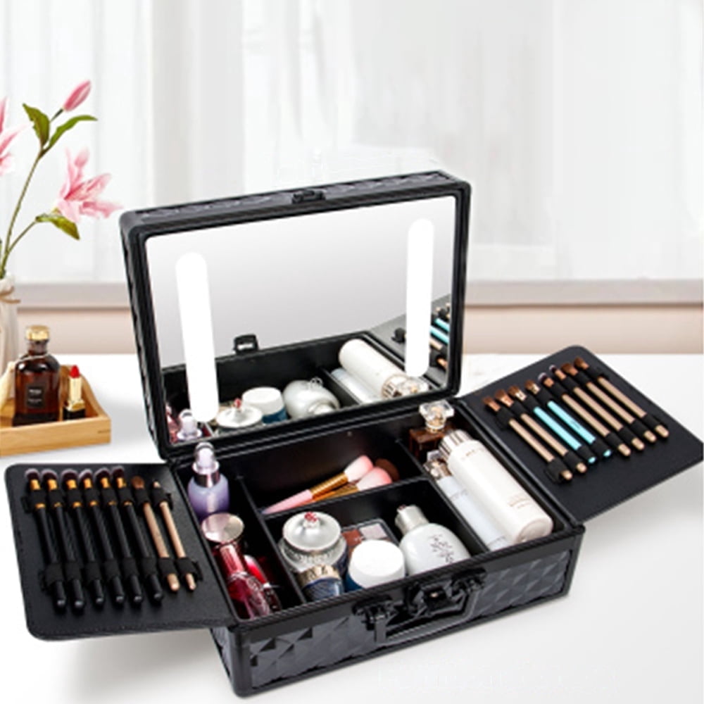MIDODO Makeup Train Case, Portable Cosmetic Box with LED Mirror Travel ...
