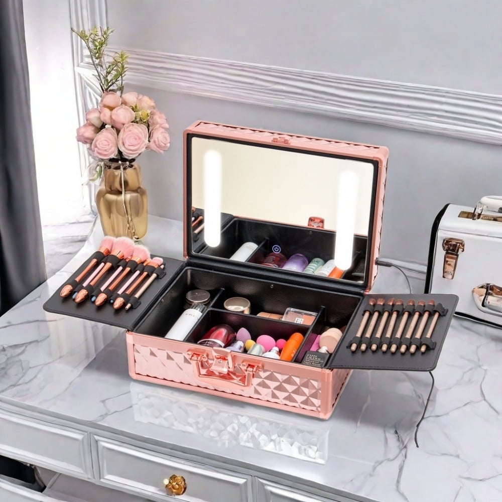 MIDODO Makeup Train Case, Portable Cosmetic Box with LED Mirror Travel ...