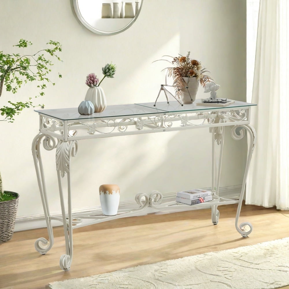 MIDODO Modern Console Table 47 Inch Tempered Glass Sofa Table with 2 ...