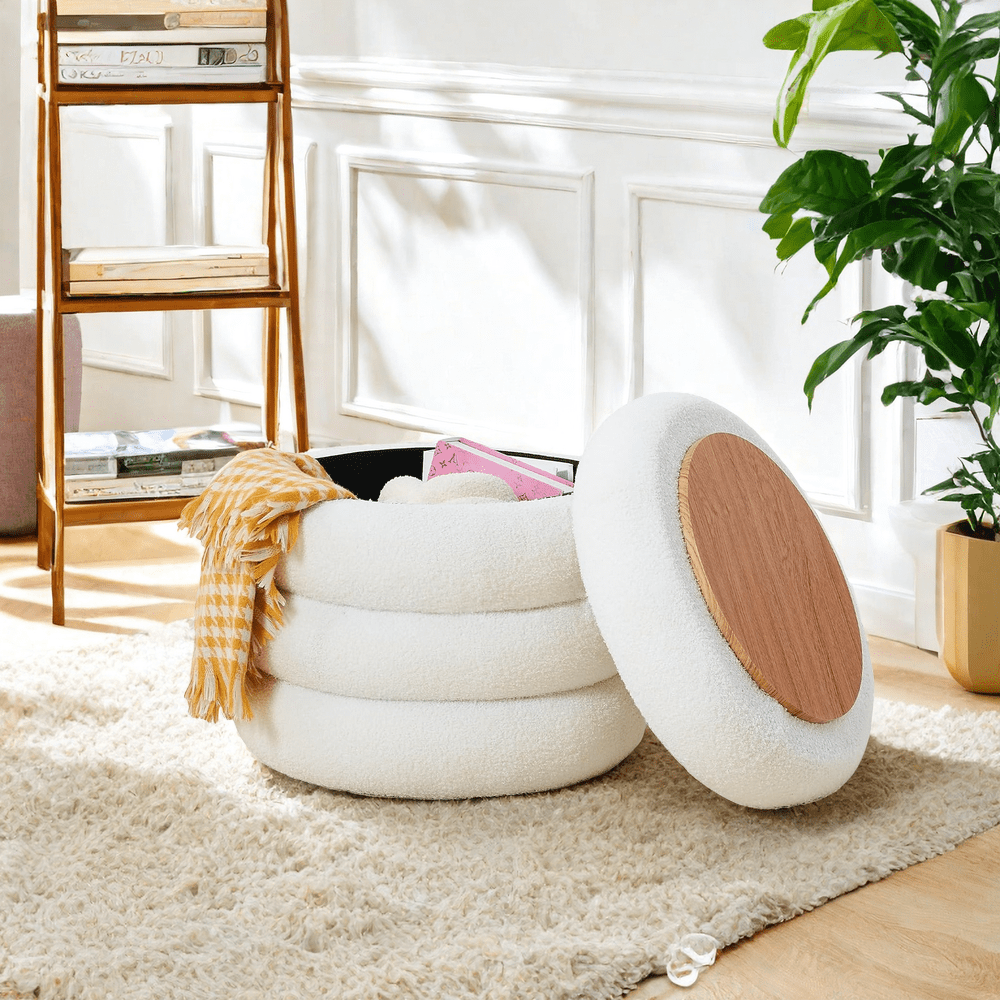 MIDODO Modern Round Storage Ottoman, Sherpa Footstool, Multifunctional ...