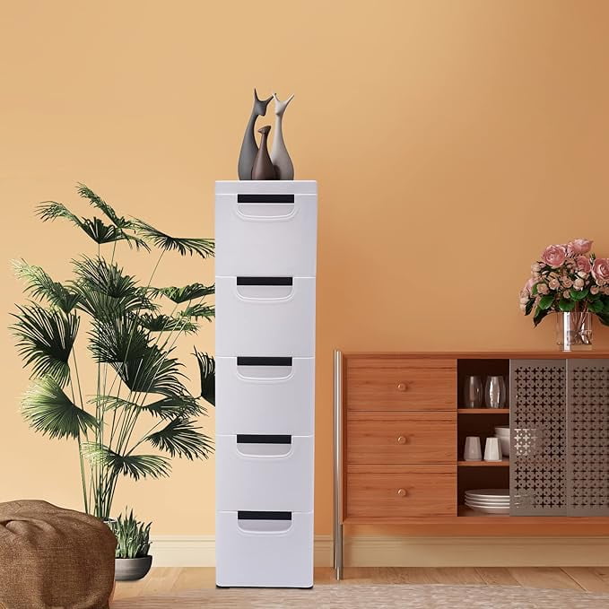 MIDODO Narrow Dresser Storage Tower with 5 Drawers, Plastic Vertical ...