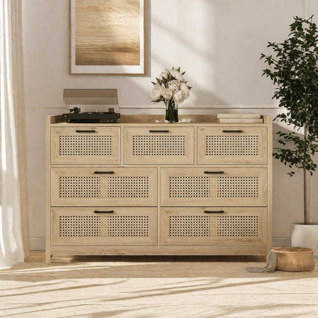 MIDODO Rattan Dresser for Bedroom, 7 Drawers Dresser with LED Light ...