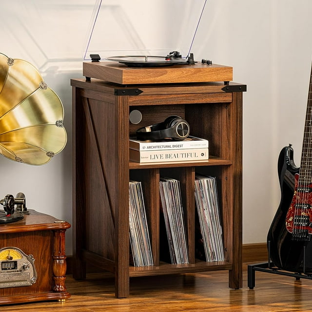 MIDODO Record Player Stand, Large Wooden Record Player Table Holds up ...