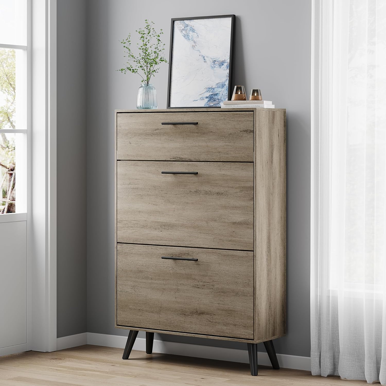 MIDODO Shoe Cabinet with 2 Flip Drawers, Wooden Narrow Hidden Shoe ...