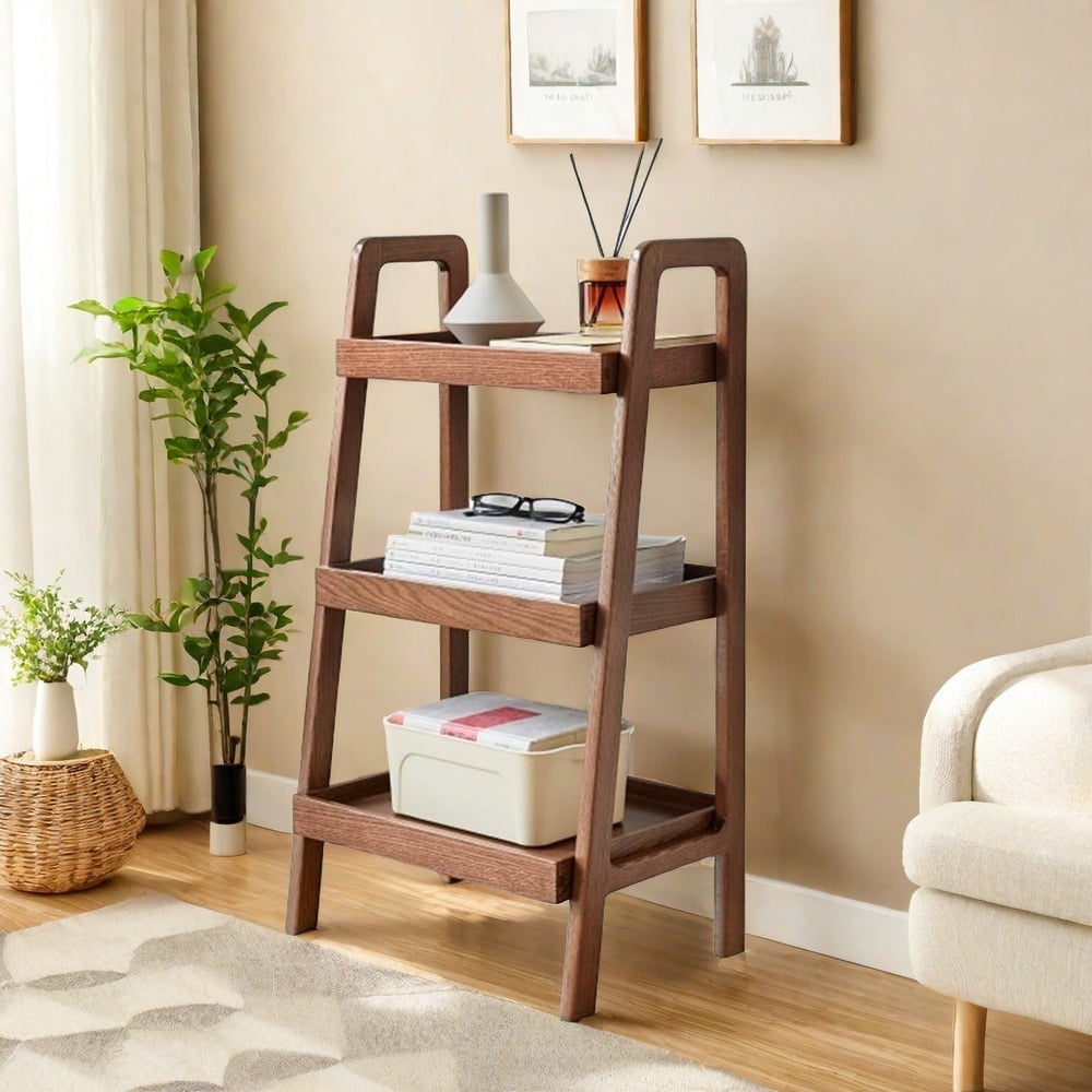 MIDODO Solid Oak Small Ladder Bookshelf - Versatile Design Narrow End ...
