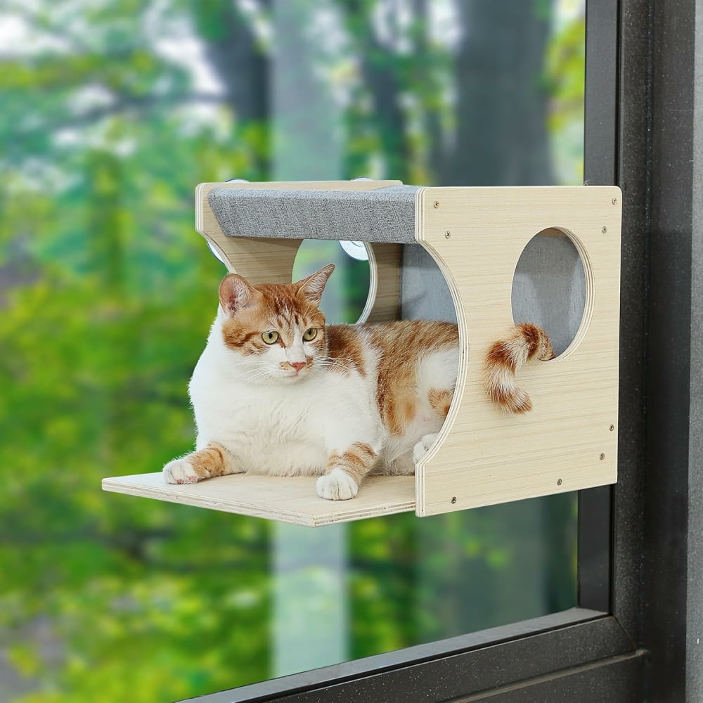 MIDODO Window Cat Perch, Sturdy Wood Cat Window Hammock with Heavy Duty Suction Cups, Cat Bed ...