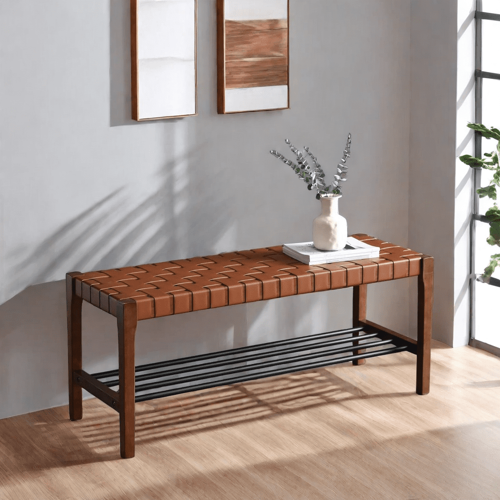 MIDODO Wooden Entryway Bench, 45 Inch Woven Shoe Storage Bench, Indoor ...