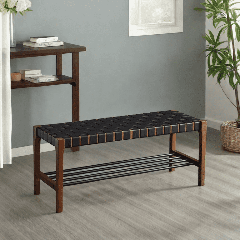 Woven Leather And Iron Entryway Bench Leather Woven Bench W/ Solid