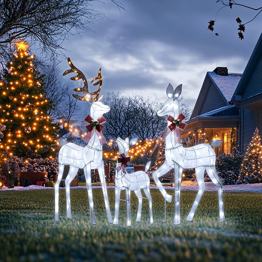 MIDOQIN 3-Piece Christmas Lighted Reindeer Family Set with Bows Warm ...